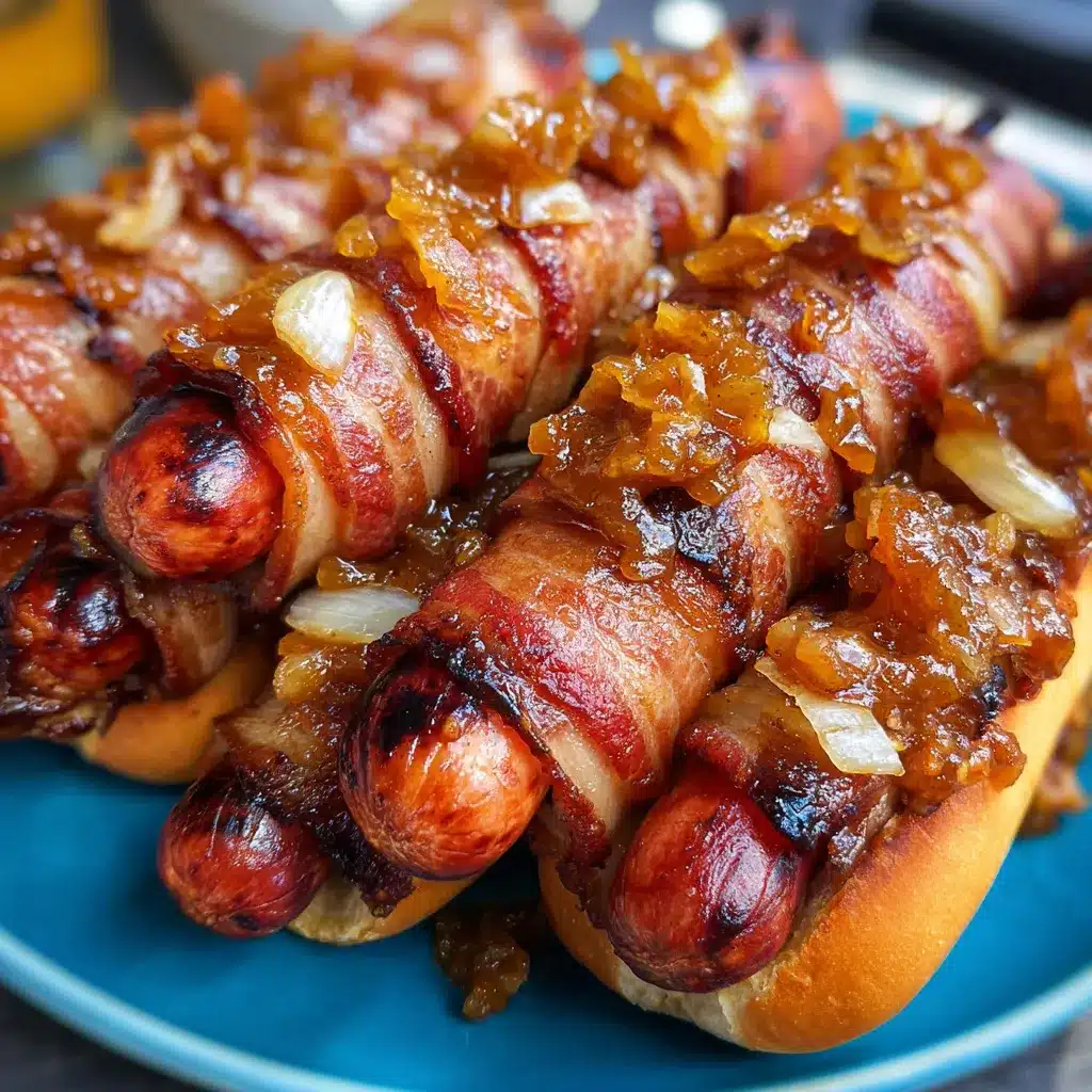 Bacon-Wrapped Hot Dogs with Bourbon-Infused Onion Sauce - Forkful Kitchen